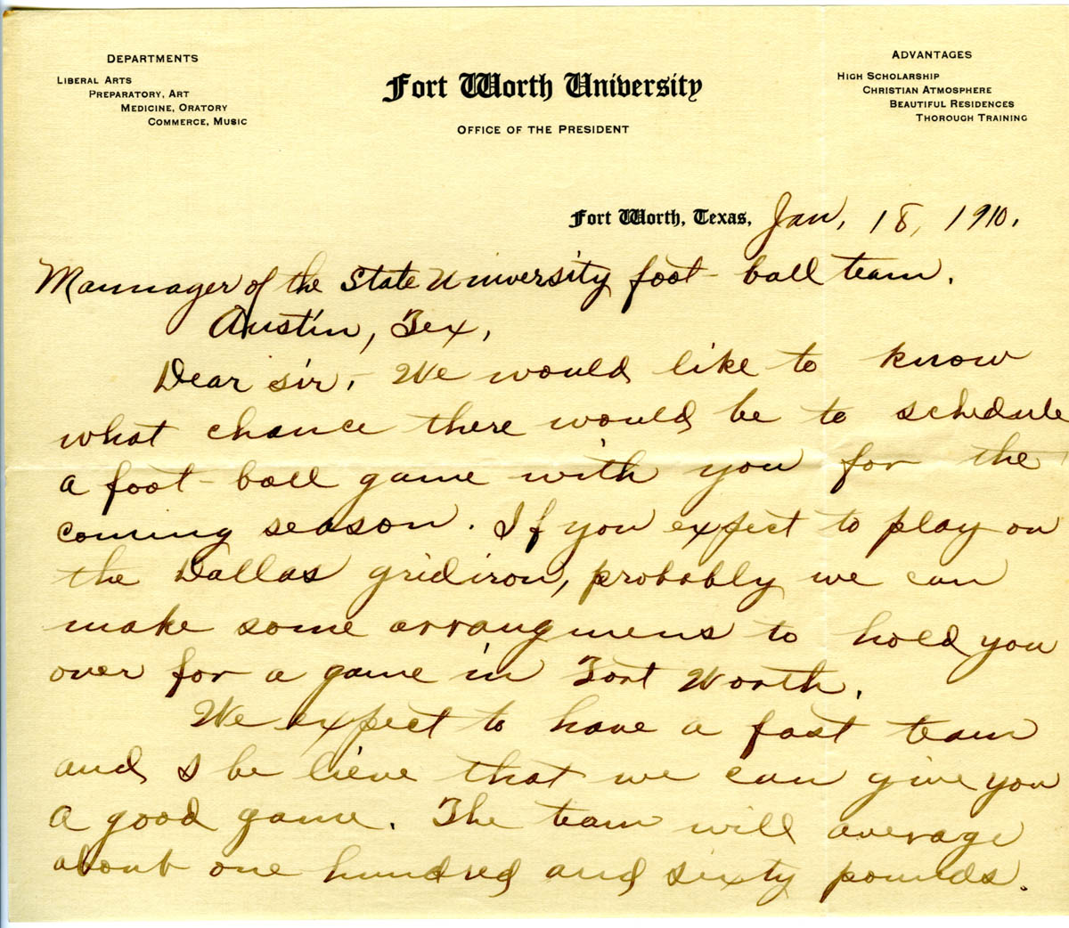 Correspondence with Fort Worth University · H.J. Lutcher Stark 1910 UT ...